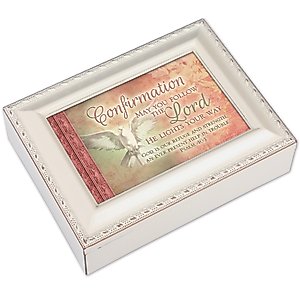 Confirmation May You Follow the Lord Ivory Rope Trim Jewelry Music Box Plays Ave Maria