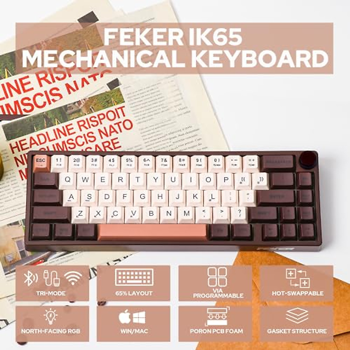 Feker IK65 VIA Programmable 2.4G/BT5.0/USB-C Mechanical Keyboard, 65% Hot Swappable Gasket-Mounted, with Sound Dampening Foams Kit, Volume-Control Knob, 4000mAh Battery, RGB for Win/Mac (Brown Knob)