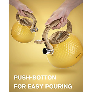 Tea Kettle, Stovetop Teapot, 2.5 Quart, Loud Whistle, Food Grade Stainless Steel and Smooth Wood Pattern Handle, Sophisticated Look for Hiking, Picnic, for Tea, Coffee, (Yellow)