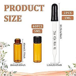 BENECREAT 40 Pack 5ml Amber Brown Orifice Reduce Essential Oil Bottles with Glass Droppers for Aromatherapy Fragrance Oils