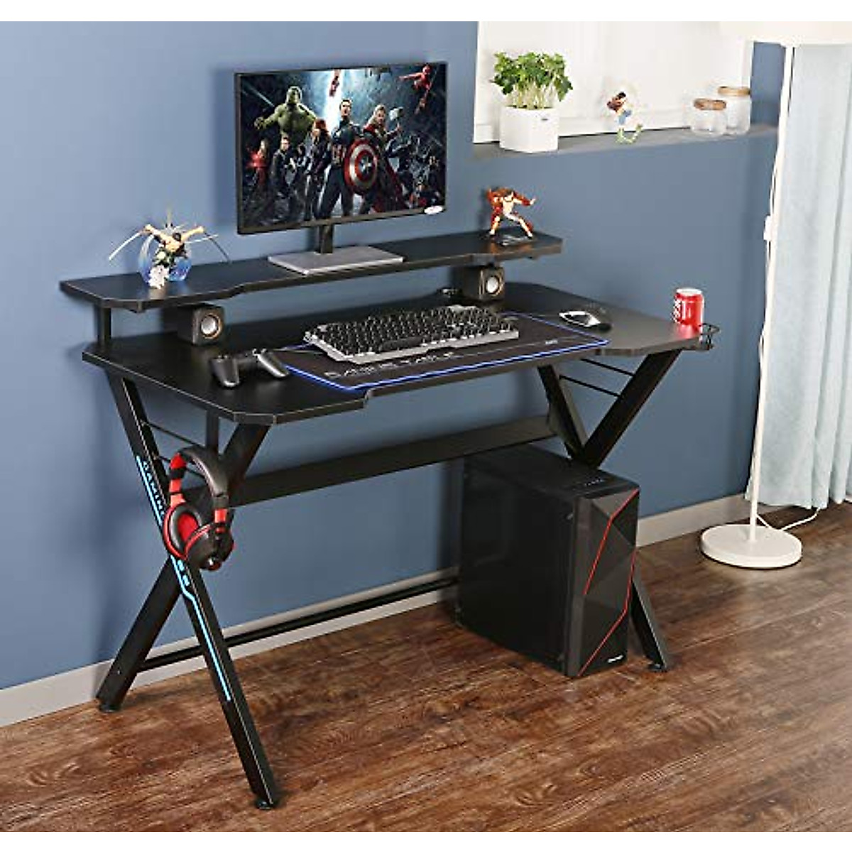 JJS 48" Home Office Gaming Computer Desk with Removable Monitor Stand, X Shaped Large Gamer Workstation PC Table with Cup Holder Headphone Hook Speaker Storage Free Mouse pad, Black