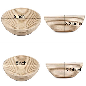 Round Bread Proofing Basket Set of 2, 8" and 9" Natural Rattan Banneton Round Sourdough Baking Bowls with Multi Baking Tools for Professional and Home Bakers