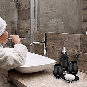 Kadolina Black Bathroom Accessories Set, Toothbrush Holder Set, Lotion Soap Dispenser, Soap Dish, Tumbler Cup, Ceramic Vanity Countertop Accessory Set Bath Restroom (4 Pcs)