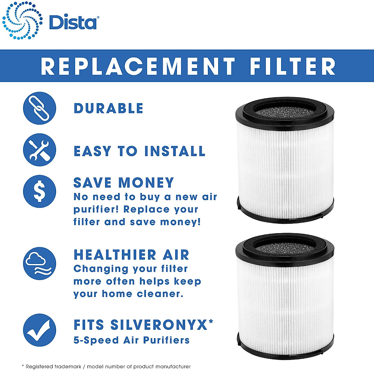 Dista Filter - Premium H13 True HEPA Replacement Filter, Compatible with SilverOnyx 5-Speed Air Purifier KJ150F-C02, 4-in-1 H13 Grade True HEPA filter, For Large Room 500 sq ft 2-Pack