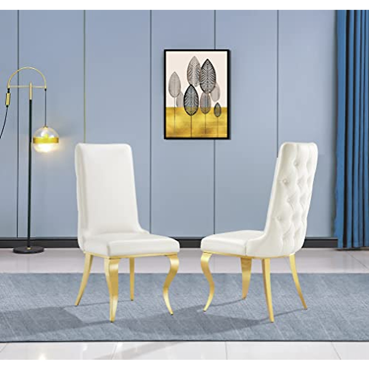 AZhome Dining Chairs, White Faux Leather Upholstered Dining Room Chairs in Button-Tufted Back, Dining Chairs with Gold Legs for Kitchen Dining Room, Set of 2