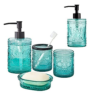 Teal Blue Glass Bathroom Accessories Set with Decorative Pressed Pattern - Includes 2 Hand Soap Dispenser & Tumbler & Soap Dish & Toothbrush Holder (Teal Blue)