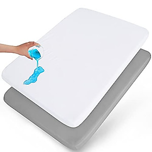 Pack and Play Sheets Fitted Waterproof 2 Pack, Mini Crib Mattress Protector 38" X 26" Portable Mini Crib Sheet for Boys & Girls/Trifold Pack and Play Mattress Topper 38" x 26", Gray