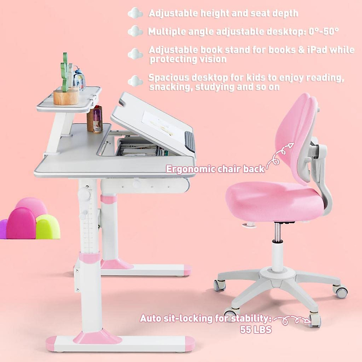 COSVALVE Premium Kids Study Desk and Chair Set,Adjustable Girls School Writing Study Table,Ergonomic Desk Chair with Large Writing Board Pull Out Drawer Bookstand Pink