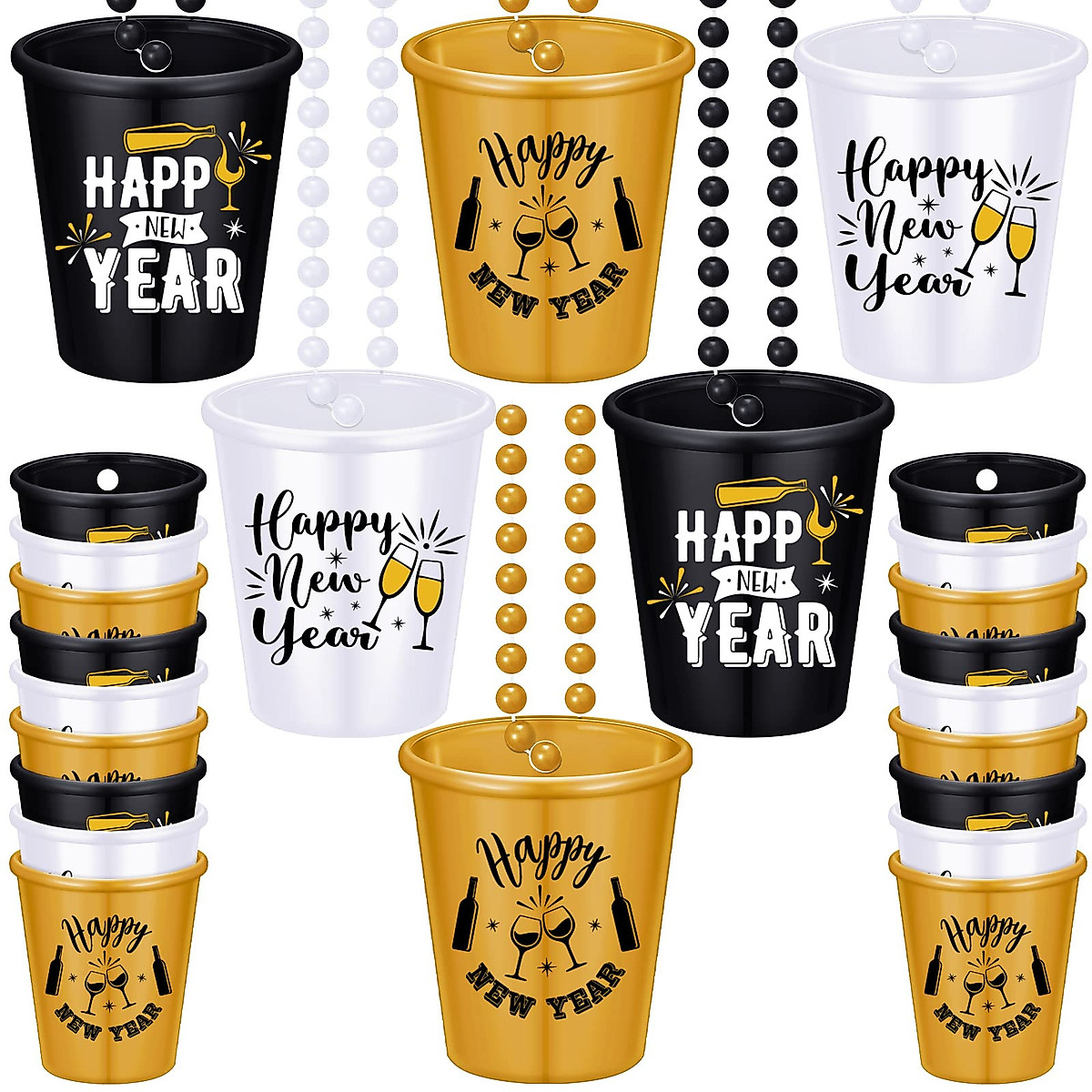 12 Pieces Happy New Year Shot Glass Beaded Necklace Plastic Shot Necklace Cups New Years Party Shot Glasses Necklace Favors for Adults and Teens New Year's Party Family Gathering Supplies, 3 Colors