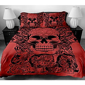 YSJ 3 PCS Skull Twin Full Queen King Duvet Cover Set with Zipper Closure,Ties-Black Red Skull Pattern Printed-King Size Bedding Set Comforter Protector Pillowcases (Queen)