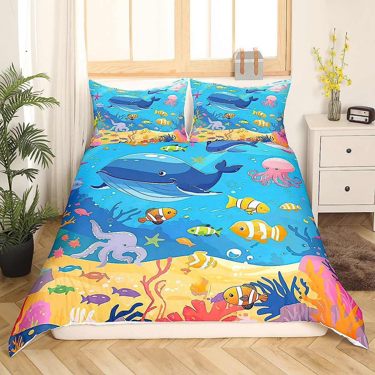 Feelyou Cartoon Cute Marine Animals Bedding Set Twin Size Kids Fish Dolphin Octopus Comforter Cover Set for Boys Girls Teens Underwater World Duvet Cover Summer Ocean Bedspread Cover Room Decor