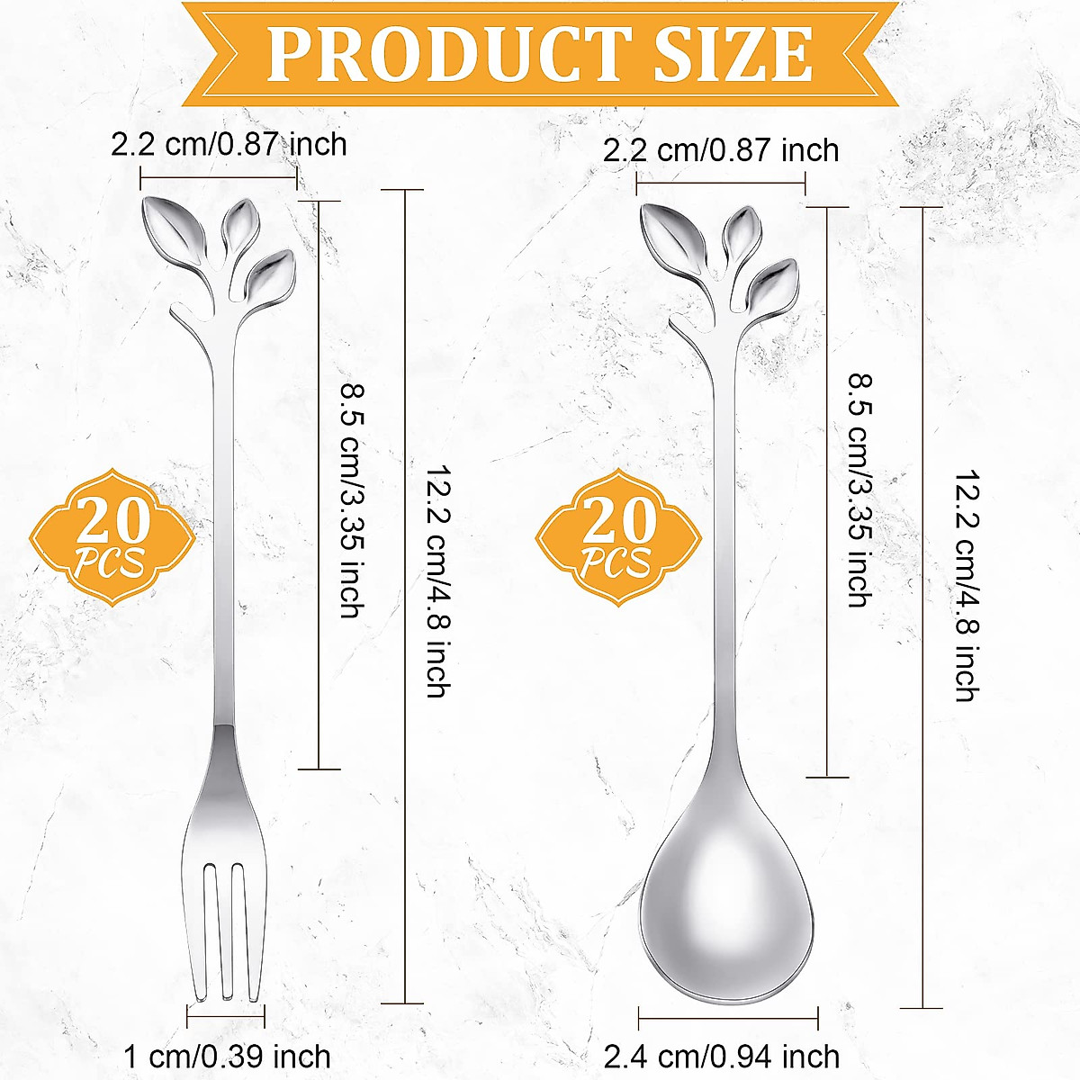 Stainless Steel Leaf Coffee Spoon and Appetizer Fork Tableware Dessert Spoon Mini Dessert Utensils Set Creative Demitasse Spoons and Forks for Stirring, Fruit, Cake, Coffee, Tea(Silver, 40 Pieces)