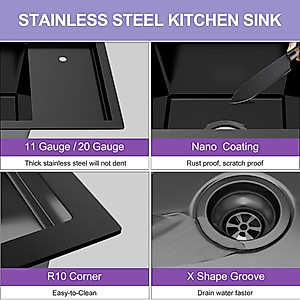 BULUBEE Black Stainless Steel Bar Sink with Glass Rinser, Single Bowl Kitchen Sink, Drop-in or Undermount (23"L x 15"W x 9"D)