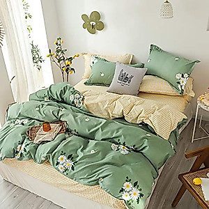 NTjinli Green Duvet Cover Queen Size-Chrysanthemum Queen Duvet Cover Set,100% Washed Microfiber Queen Comforter Set,1 Flower Duvet Cover 90x90 Inches with Zipper Closure and 2 Pillow Shams (King)