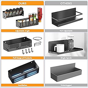 CLESOO Magnetic Spice Rack for Refrigerator, 2 Pack Moveable Magnet Organizer for Spice Jars and Seasonings, Wall Mounted Fridge Shelves with Spiral Holder and 4 Hooks for Kitchen and Stove