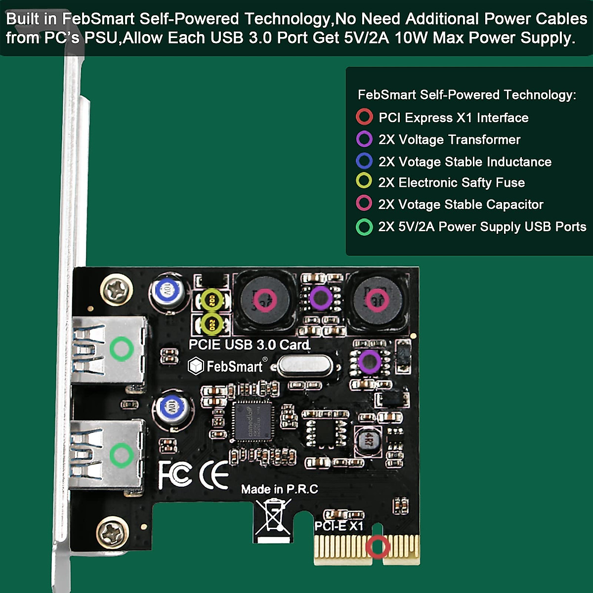 FebSmart 2-Ports Superspeed 5Gbps USB 3.0 PCI Express Expansion Card for Windows, MAC OS X and Linux Desktop PCs, Built in Self-Powered Technology, No Need Additional Power Supply (FS-U2S-Pro)