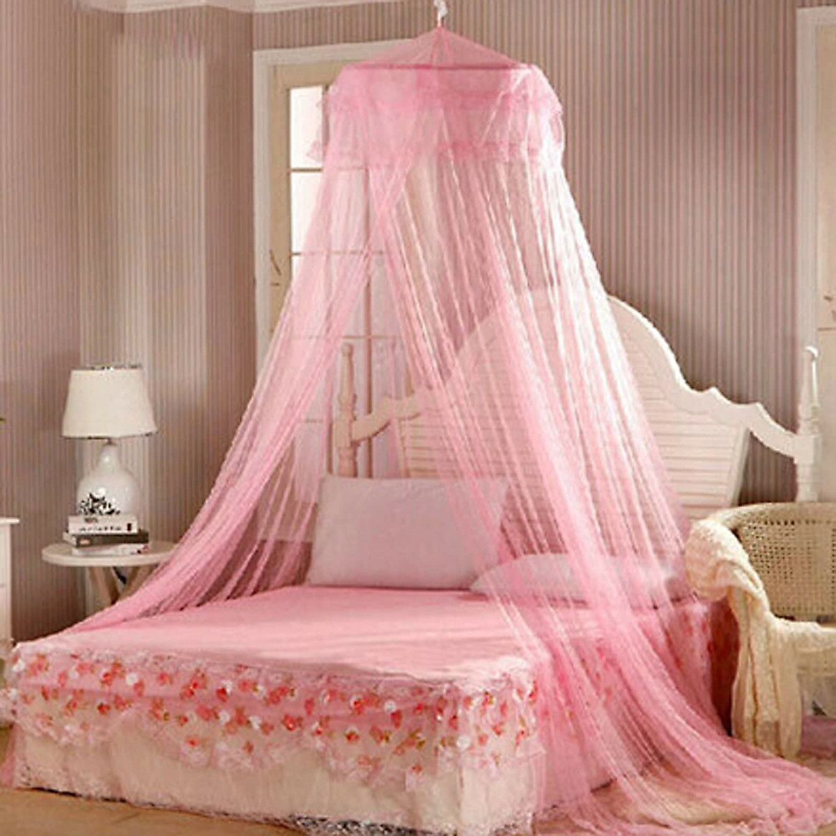 NOVESIXT Mosquito Net Bed Canopy for Girls, Round Dome Dreamy Mosquito Net, for Single Bed, Double Bed and Large Double Bed (Pink)