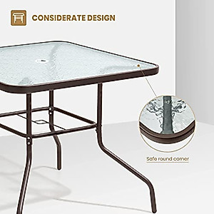 Crestlive Products Patio Dining Table, Outdoor Square Table with Umbrella Hole for 4 Persons, Tempered Glass Metal Bistro Table for Lawn, Deck, Backyard, Garden (Brown)
