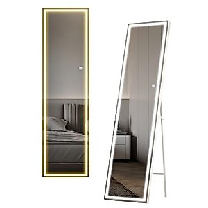 Uliyati Full Length Mirror with Lights, 59"x16" Full Body Mirror with Light, Free Standing Lighted Floor Mirror, Wall Mounted LED Mirror Full Length, Dimming & 3 Color Lighting for Bedroom, White