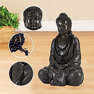 Goodeco 11.4" Meditating Buddha Statue Home Decor - Meditation Gifts for Room/Garden/Patio/Deck/Porch Yard Art Decoration,Buda Statues with Natural Wood Beaded Necklace,Antique Bronze Look