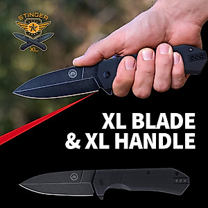 Off-Grid Knives - Stinger XL Folding Knife w. Spear Point Blade, Crucible 154CM Steel, G10 Scales, Deep Carry Clip (Blackwash)