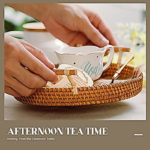 ORYOUGO Hand Woven Rattan Serving Tray Decorative Round Rattan Storage Plate with Handles Rustic Breakfast Fruit Snack Coffee Tea Baskets, L