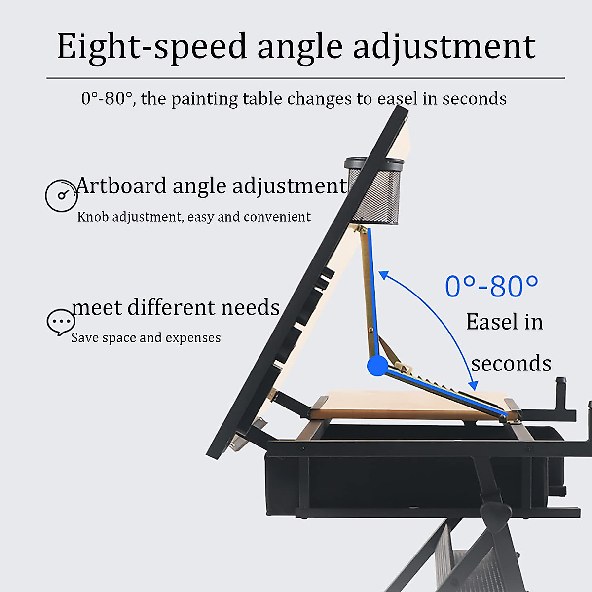 EESHHA Drawing Table Adjustable Height Drafting Desk/Tiltable Glass Tabletop Drawing Table with 2 Storage Drawers and One Side, for Reading, Writing Art Craft W/Stool, 90 * 60 * 78-93CM