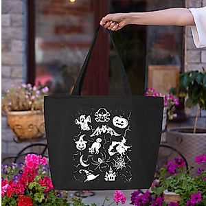 shop4ever Halloween Mash Witch Skull Pumpkin Cat Trick or Treat Heavy Canvas Tote with Zipper Reusable Shopping Bag Black ZIP 1