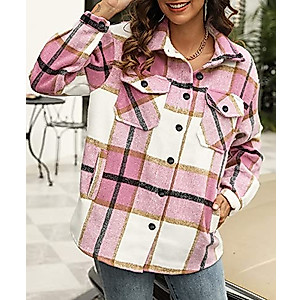 AUTOMET Womens Pink Jacket Casual Plaid Shacket Cute Long Sleeve Shirt Fall Jacket Shackets