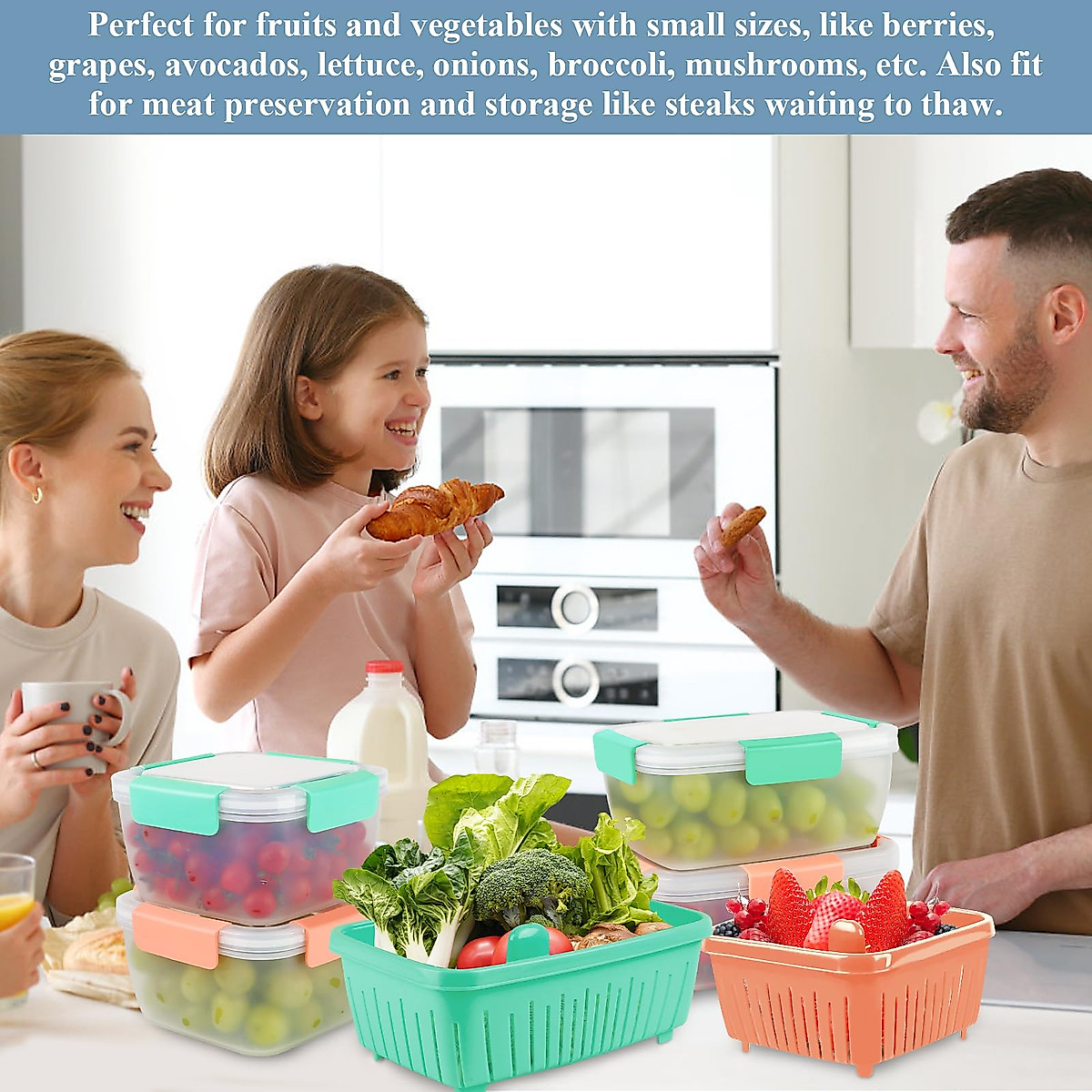 shopwithgreen 68oz Berry Keeper Container, Fruit Produce Saver Food Storage Containers with Removable Drain Colanders, Vegetable Fresh Keeper Set | Refrigerator Organizer