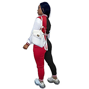ANICECUT Sweatsuits for Women Set 2 Piece Long Sleeve Patchwork Button Down Varsity Jacket Sweatpant Workout Tracksuit Black Red XL