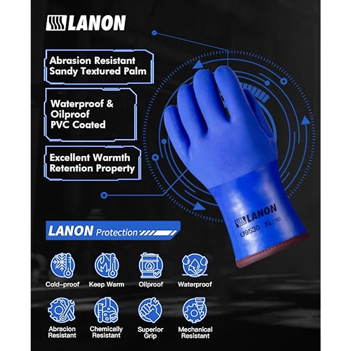 LANON PVC Coated Cold Proof Heavy Duty Gloves, Waterproof Warm Work Gloves for Freezer Work, Chemical & Oil Resistant, Non-Slip, XL
