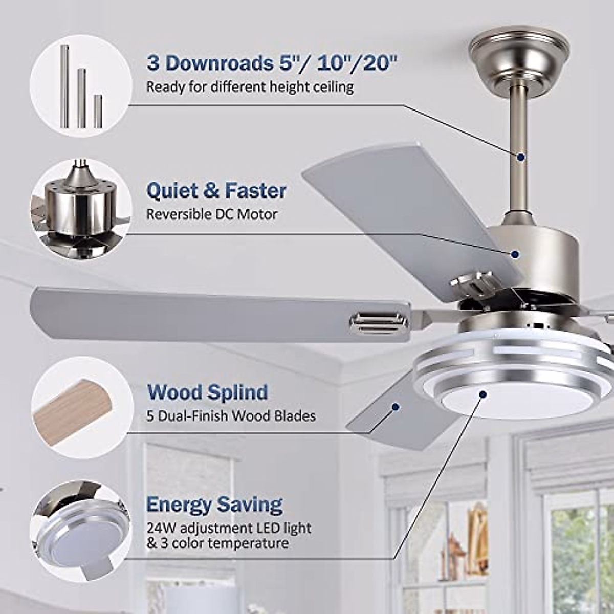 Chriari 52 Inch Ceiling Fans with Lights Remote Control, Wood Low Profile Ceiling Fan with 5 Silver Blades Quiet Reversible DC Motor, Modern Ceiling Fan with 6 Speeds, Dimmable LED Light, Smart Timing