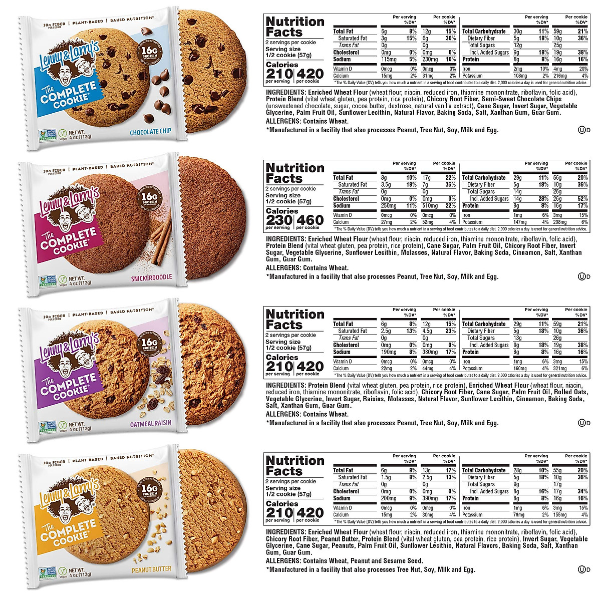 Lenny & Larry's The Complete Cookie, 8 Flavor Variety Pack, Soft Baked, 16g Plant Protein, Vegan, Non-GMO, 4 Ounce (Pack of 16)