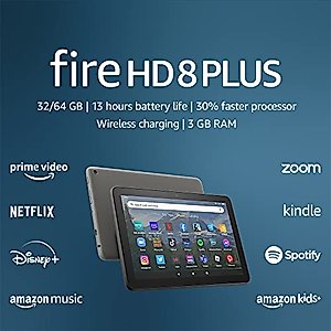 Amazon Fire HD 8 Plus tablet, 8” HD Display, 32 GB, 30% faster processor, 3GB RAM, wireless charging, (2022 release), Gray, without lockscreen ads