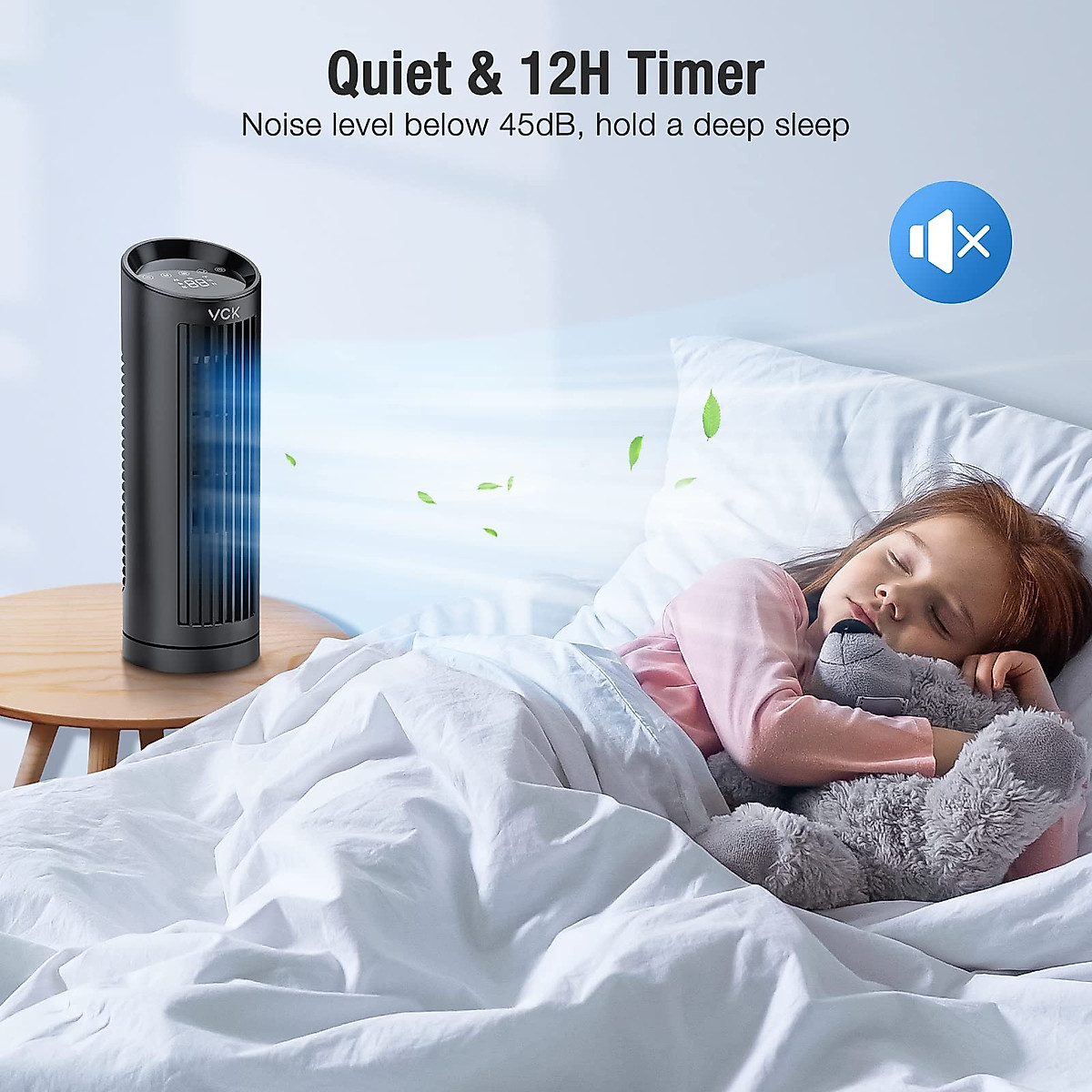 VCK Personal Table Fan, Tower Fan Oscillating Fan, LED Display with Touch, 13'' Remoter Small Desk Fan, Standing Fans, Bladeless Fan, 3 Speeds, 12h Timer, 4 Modes for Home Office Desktop Bedroom