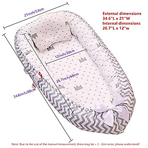 Vohunt Baby Lounger for Newborn,100% Cotton Co-Sleeper for Baby in Bed with Handles,Soft Newborn Lounger Adjustable Size & Strong Zipper Lengthen Space to 3 Tears Old(Wave White Crown)