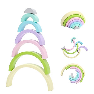 Wooden Rainbow Stacker Nesting Puzzle Blocks, 7pcs Wooden Sorting & Stacking Toys for Toddlers, Building Blocks Set Early Educational Montessori Matching Toys for Preschool Boys Girls