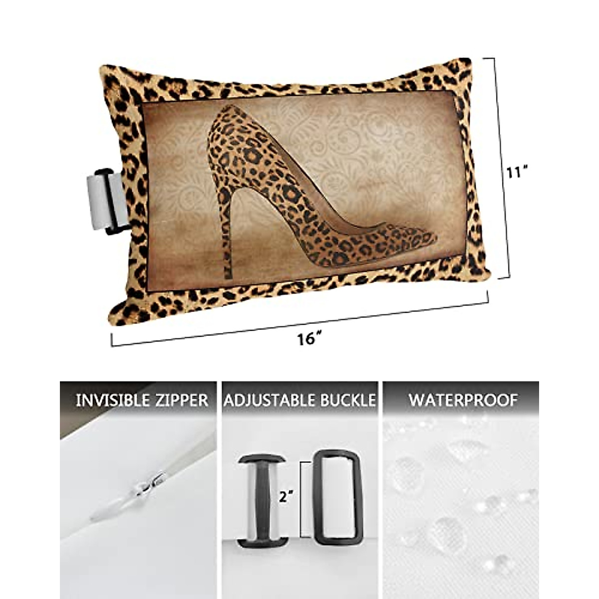 Outdoor Recliner Pillows for Lounge Chair Headrest,Sexy Leopard High Heel Shoe Waterproof Lumbar/Head Pillow with Adjustable Elastic Stripe for Patio/Office/Beach/Pool,Retro Wildlife Animal Skin