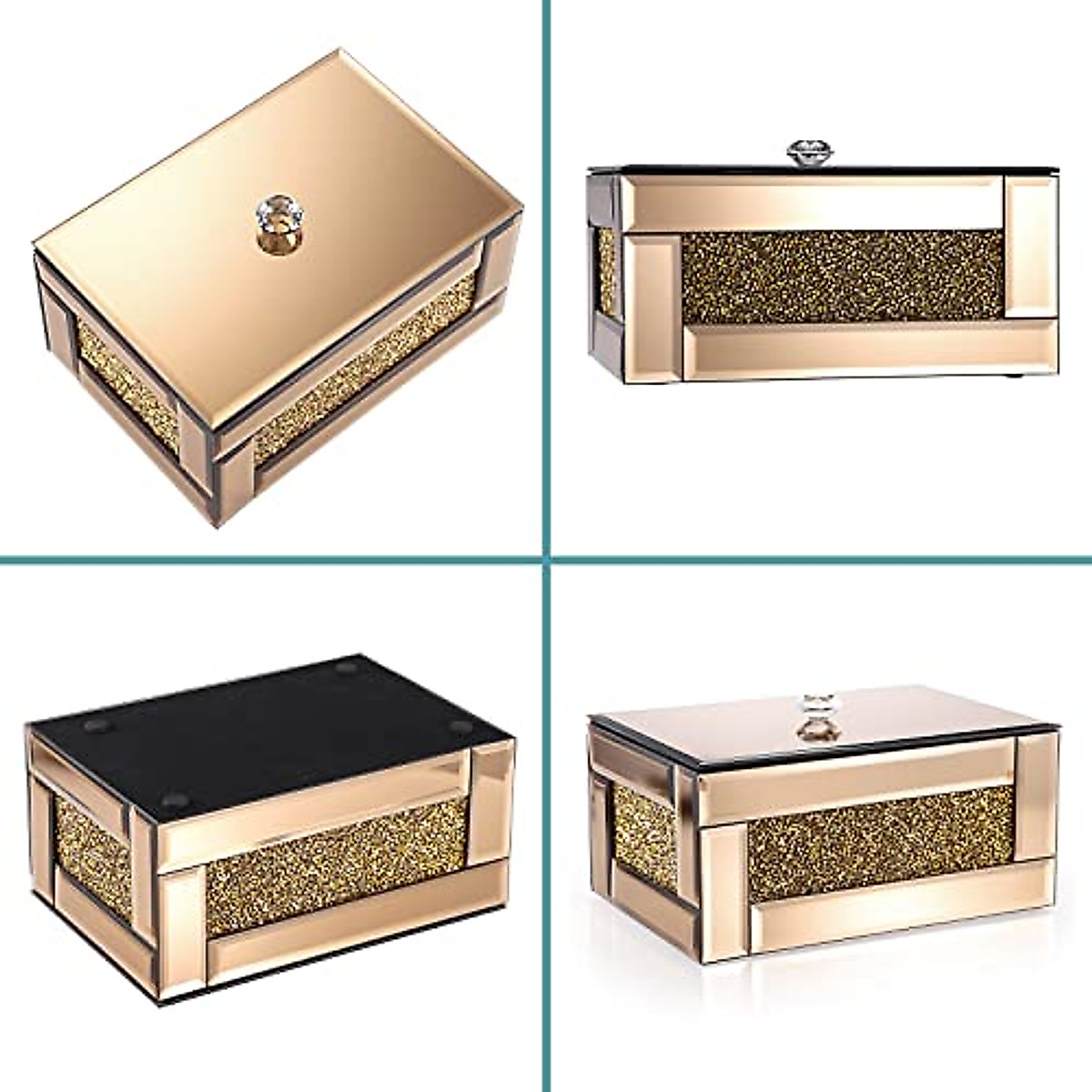 Hipiwe Glass Mirrored Jewelry Box with Crushed Diamond Decor Jewelry Trinket Organizer Box Keepsake Box Treasure Chest Case for Rings Earrings Necklace Storage Box (Large, Gold)
