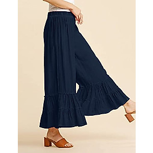 Mundoven Flowy Palazzo Linen Pants for Women Elastic High Waisted Wide Leg Ruffle Ruched Loose Beach Trousers (0004-Blue-XL)