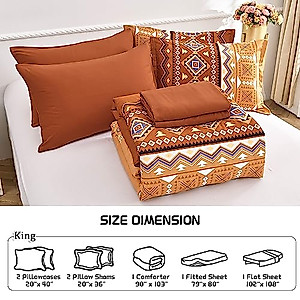 Dobuyly Burnt Orange Comforter Set King, 7 Pieces Bed in a Bag Terracotta Boho Aztec Comforter Soft Microfiber Bedding Set with Comforter, Flat Sheet, Fitted Sheet, 2 Pillow Shams, 2 Pillowcases