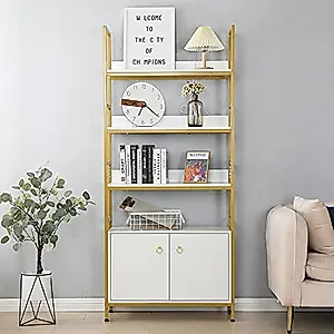 MELLCOM Golden Bookcase, 4 + 2 Tier Bookshelf with 2 Pull-Out Storage Cabinet Bohemian Style 71’’ Modern Bookshelves with 4 Adjustable Foot Pad Easy Assembled for Home, Office