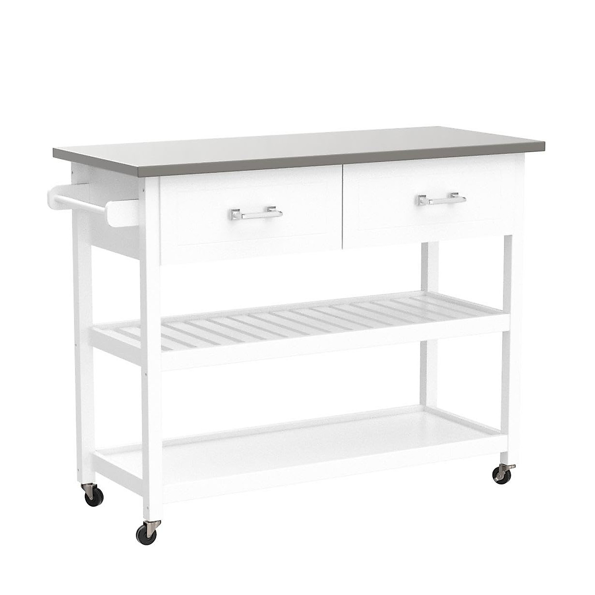 RASOO Kitchen Island White Stainless Steel Top Kitchen Cart On Wheels with 2 Drawers and Storage Shelves, 47.24"x19.68"x35.82"(LxWxH