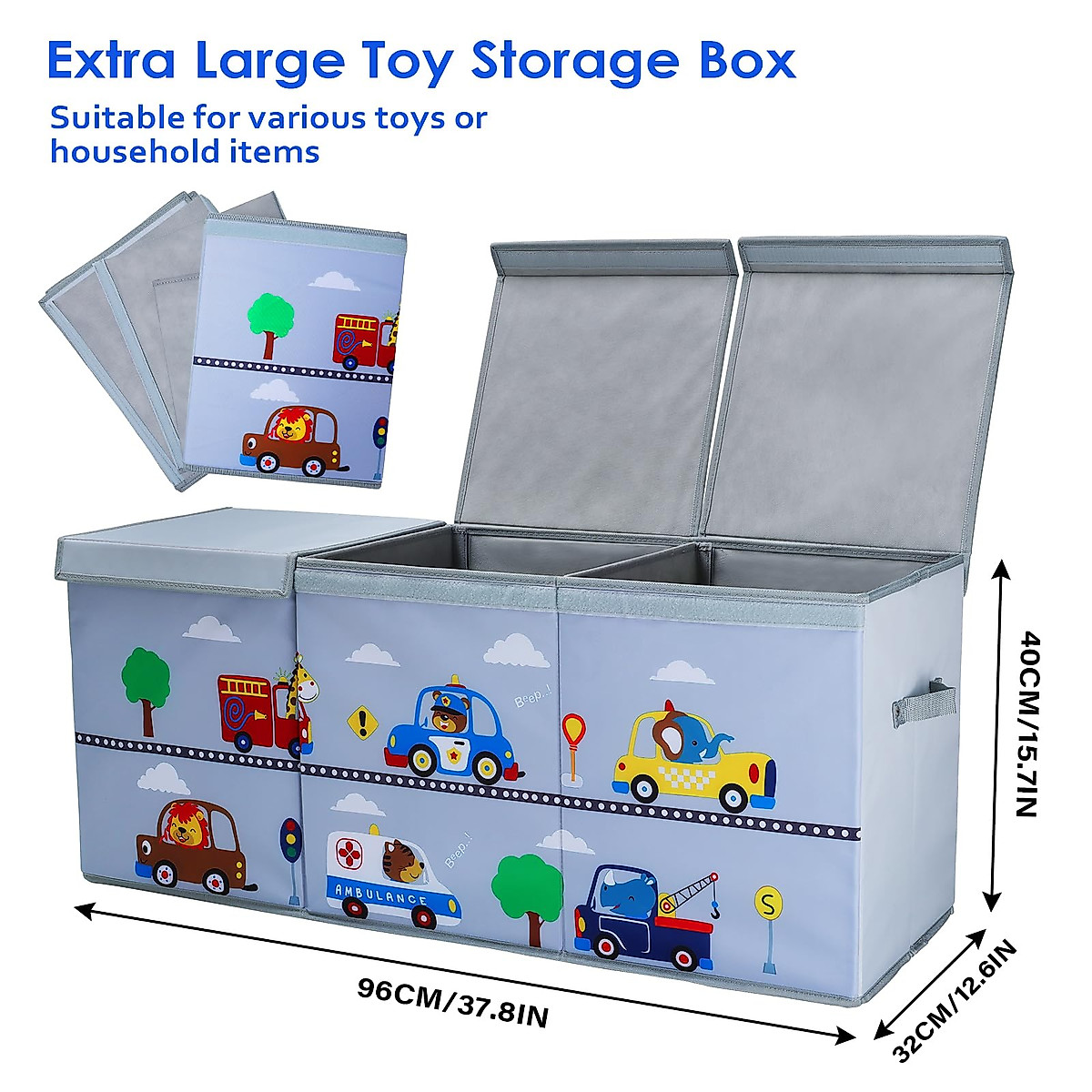 Extra Large Toy Box Chest with Flip Lid for Kids, Collapsible Oxford Toy Storage Box with Handles for Boys, Sturdy Waterproof Toy Box for Bedroom Playroom, 37.7×12.5×15.7 Inch (Animal Cars)