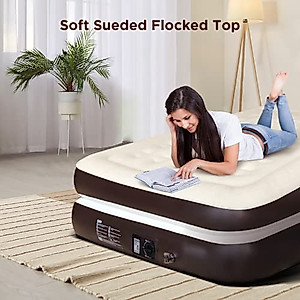 Ciays Air Mattress with Built-in Pump, 16" Elevated Blow Up Mattress with Carrying Bag for Home and Camping, Flocked Top Inflatable Air Bed for Guests, Family, Queen, Brown