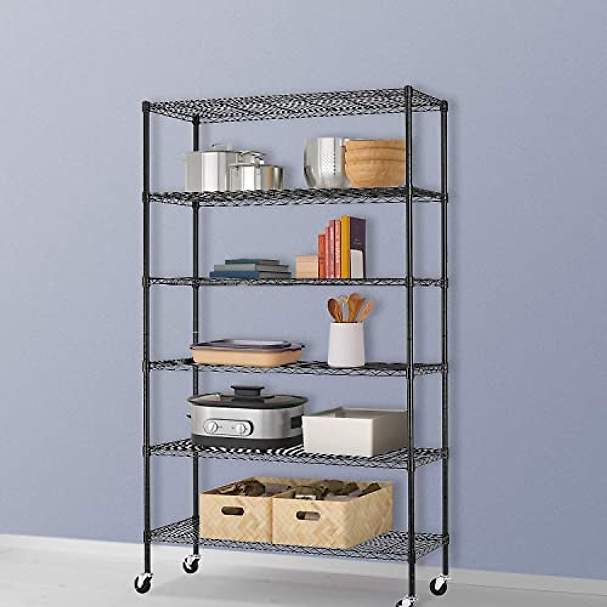 Commercial Wire Shelving Unit Metal Shelf Casters Adjustable Layer Rack Strong Steel for Restaurant Garage Pantry Kitchen Garage (48×18×72, Black)
