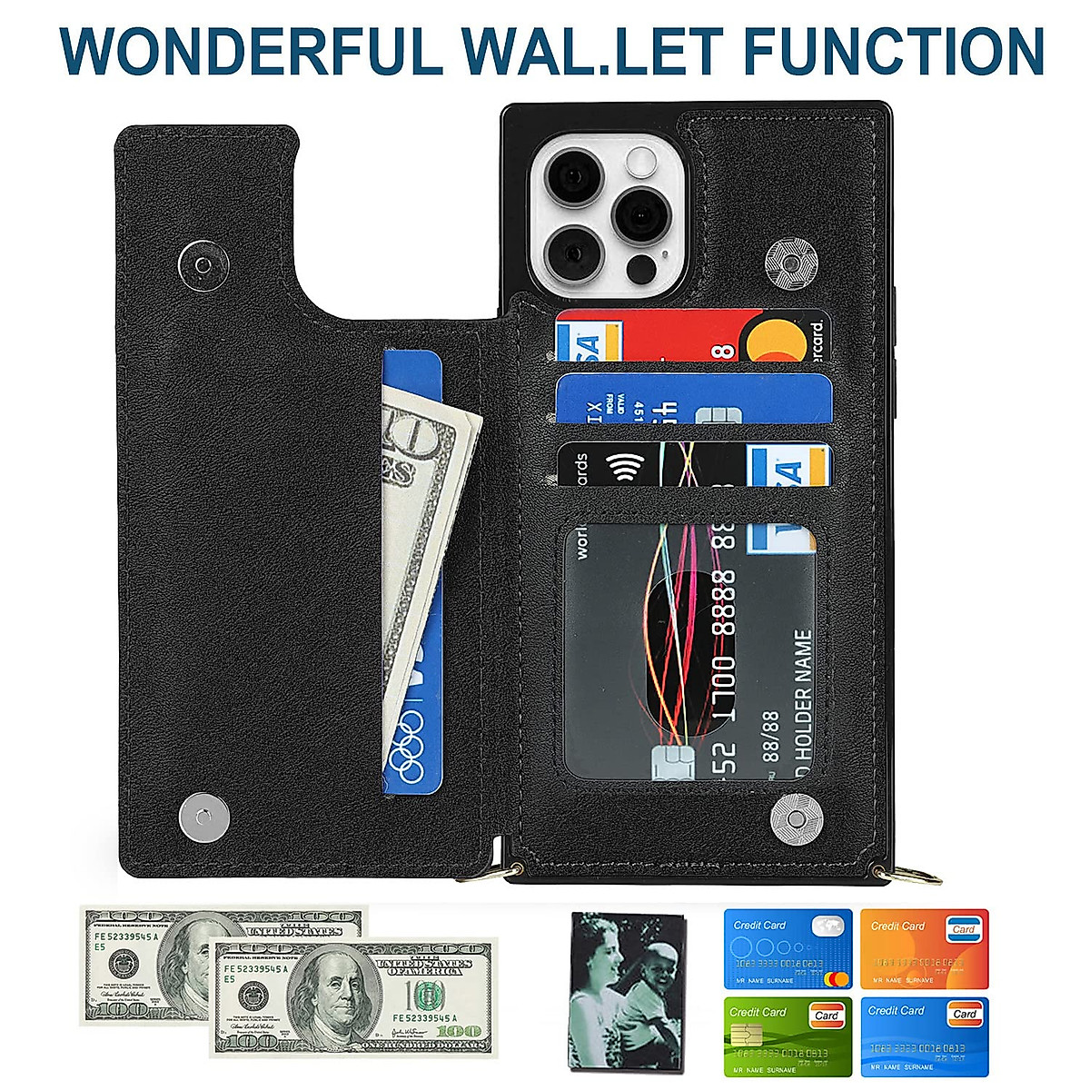 DEFBSC Compatible with iPhone 14 Pro Max Case, Crossbody Wallet Case, Adjustable Detachable Lanyard Neck Strap with Kickstand Leather Card Holder Protective Cover-Black