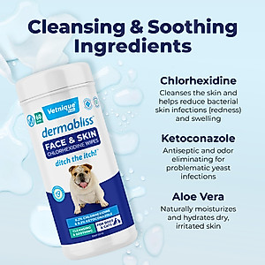 Vetnique Dermabliss Dog Face Wipes - Medicated Chlorhexidine Wipes for Dogs with Wrinkles, French Bulldog, English Bulldog Dog Grooming Wipes Cleaning & Deodorizing Dog Wipes 60ct