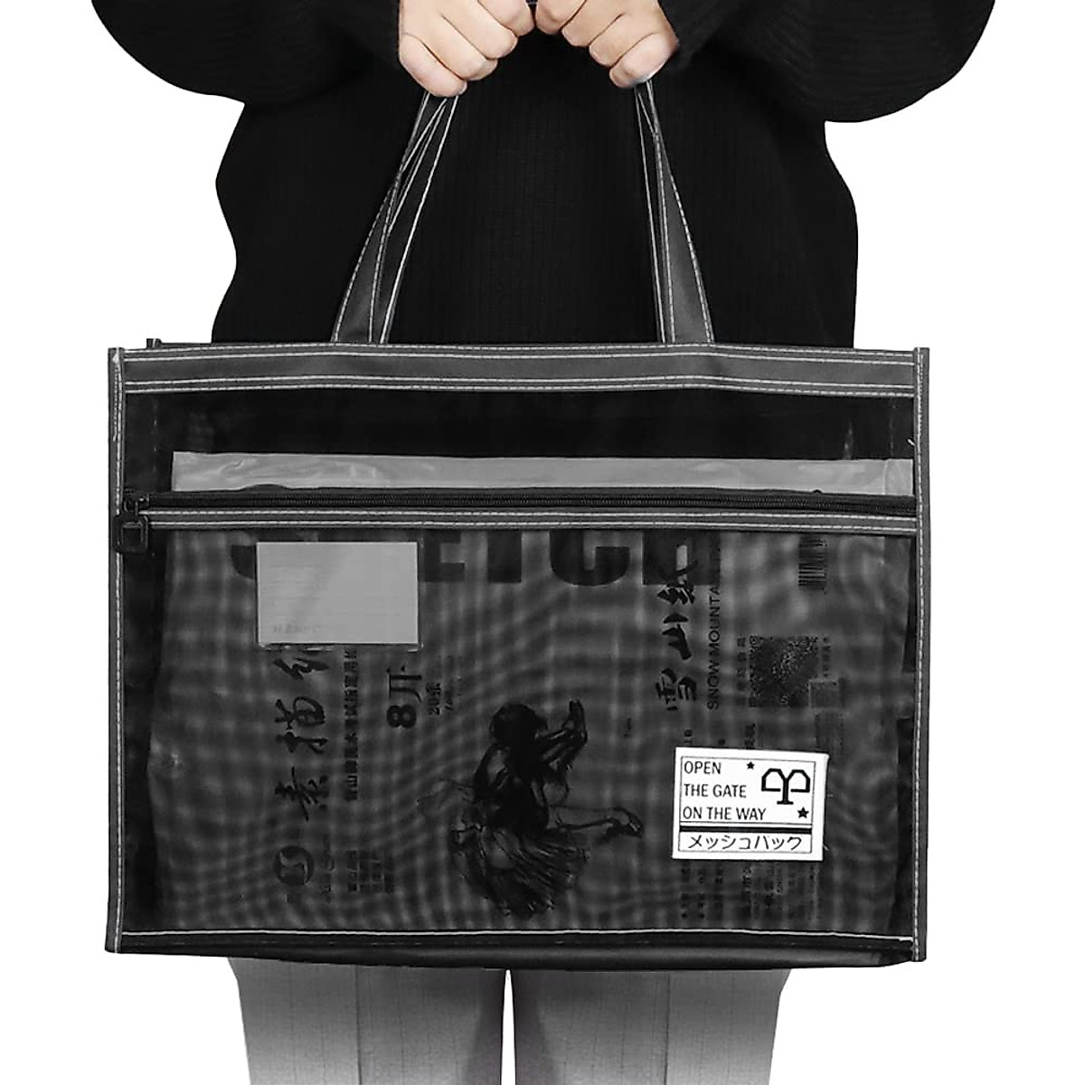 A3 Mesh Art Portfolio Bag with Handle and Zipper Holder for Artwork Portable Large Capacity Clear Art Storage Tote Bag Organizer Transparent Bag for Large Posters Painting Teaching Material Art Work